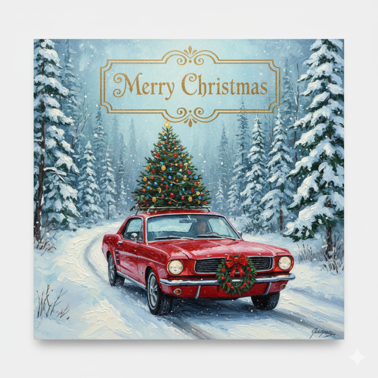 Christmas card with Ford Mustang car – AI Greeting Cards